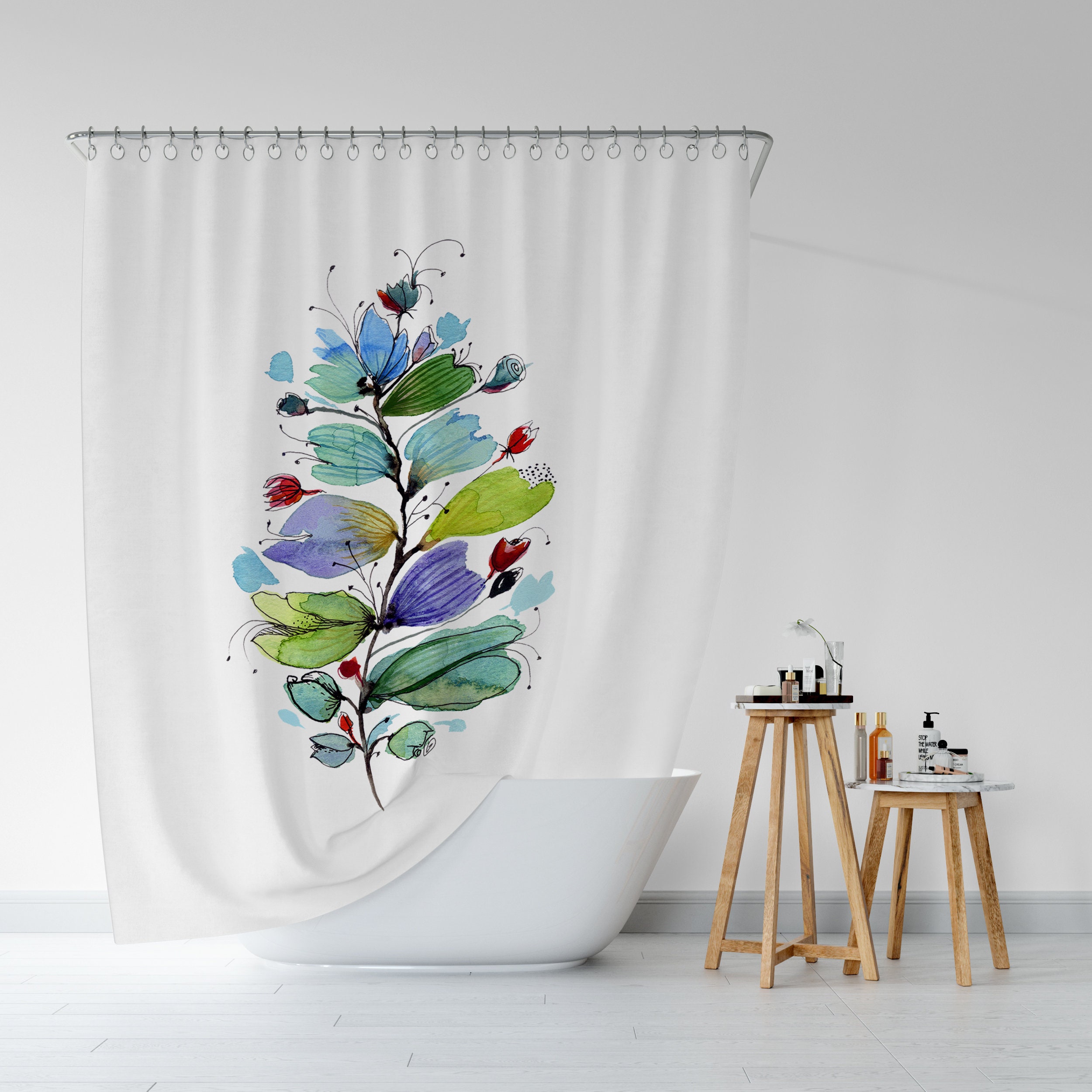 Leaves Shower Curtains Watercolor Unique Colorful Flower And Etsy