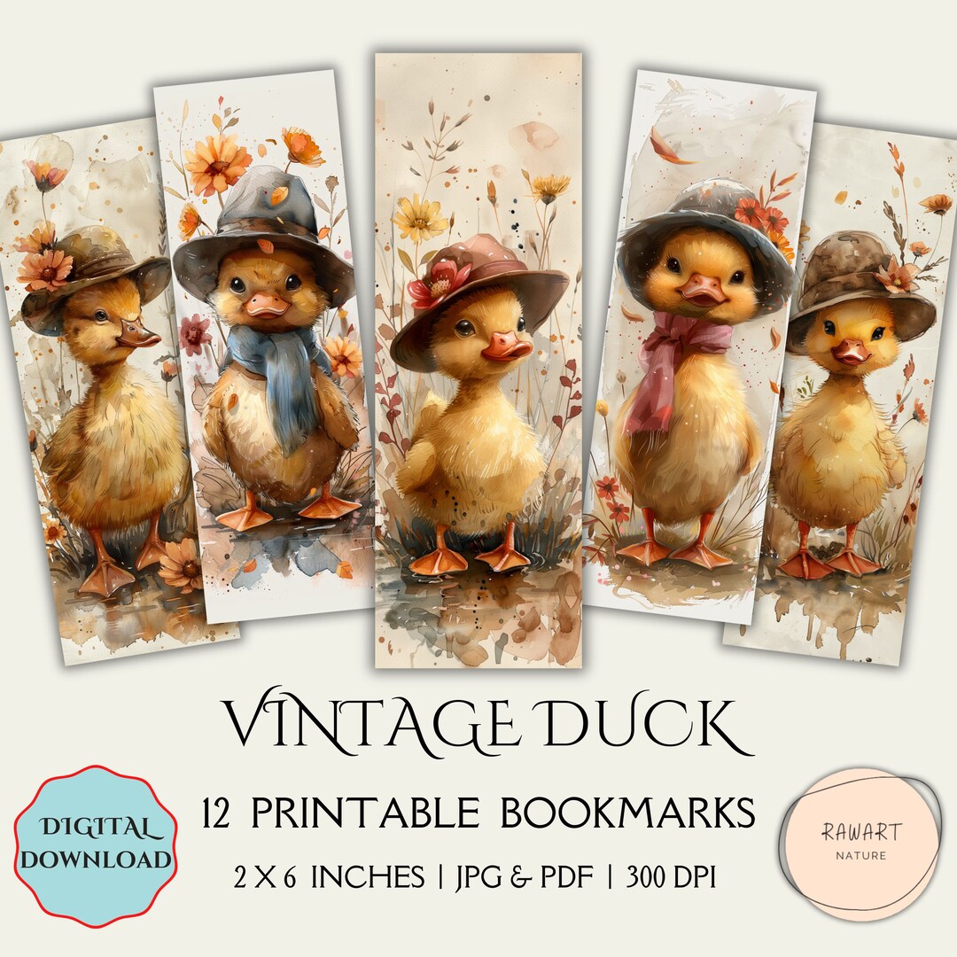 Printable Bookmarks, Vintage Style Watercolor Duck Bookmarks, Set of 12 ...