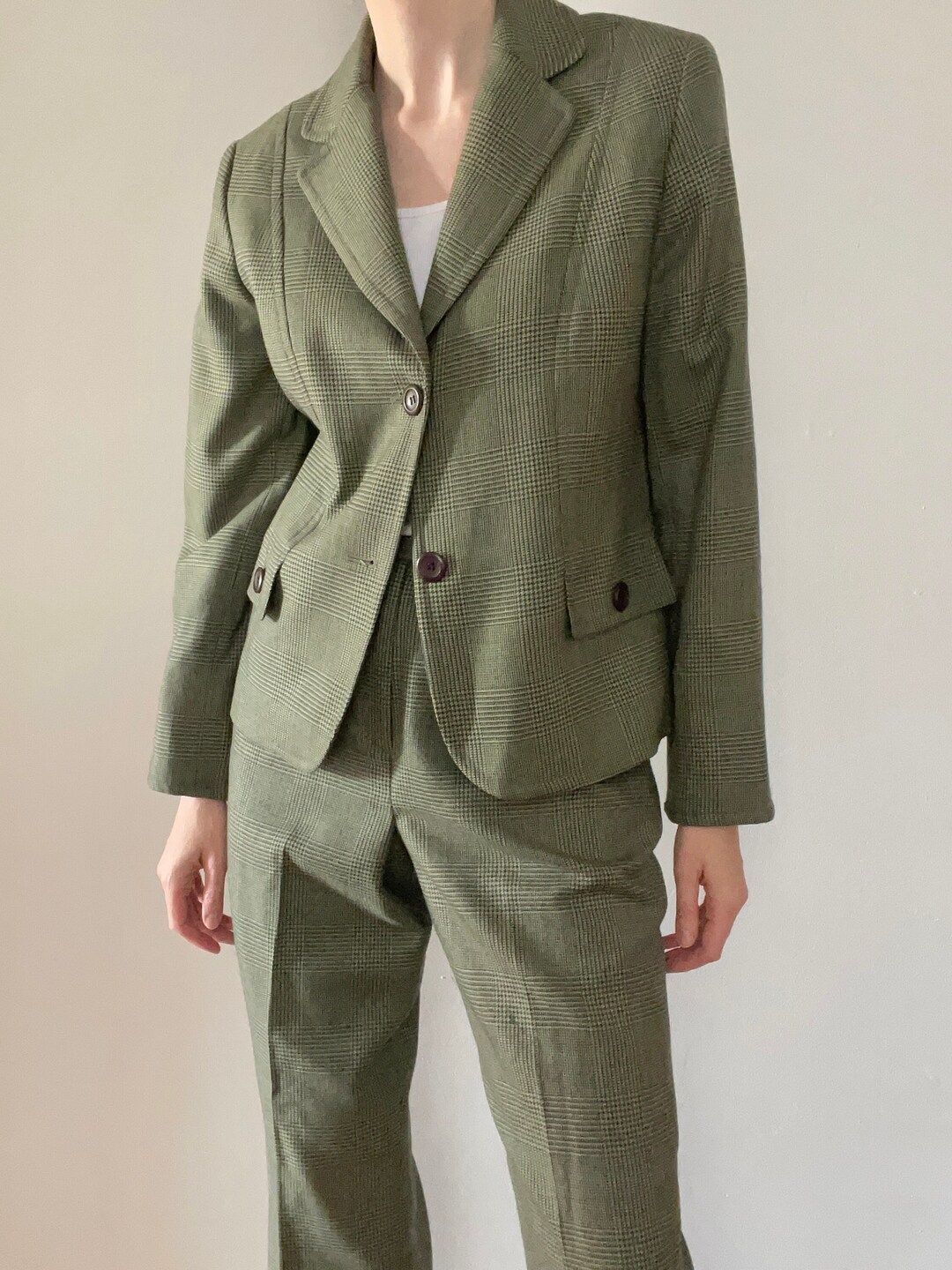 Vintage Wool Pendleton Pant Suit Green Houndstooth Cropped Blazer and ...