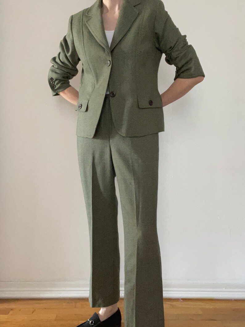 Vintage Wool Pendleton Pant Suit Green Houndstooth Cropped Blazer and ...