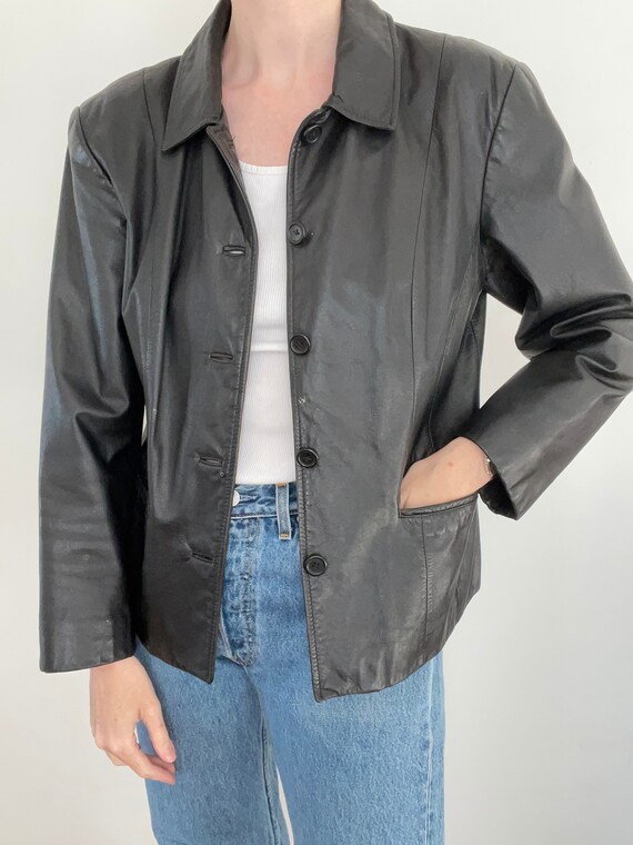 Vintage 90s Leather Jacket Black Button Blazer Collared - Etsy
