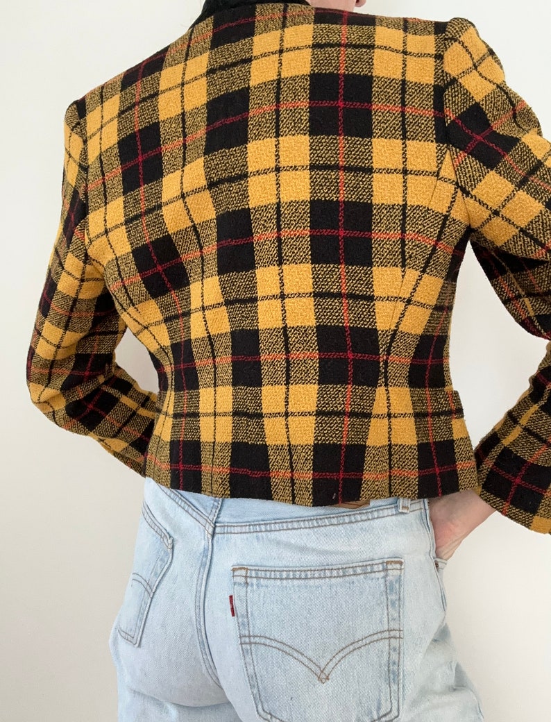 Vintage 90s Plaid Cropped Blazer | Yellow Black Red Checkered Tartan ...