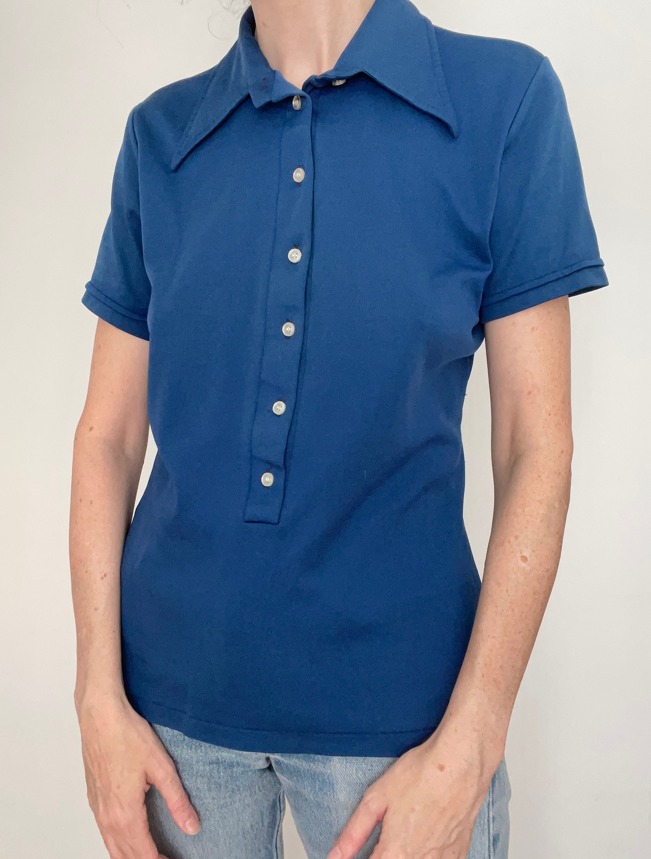 Vintage 70s Dagger Collar Polo Shirt Navy Blue Pointed Big Collared V ...