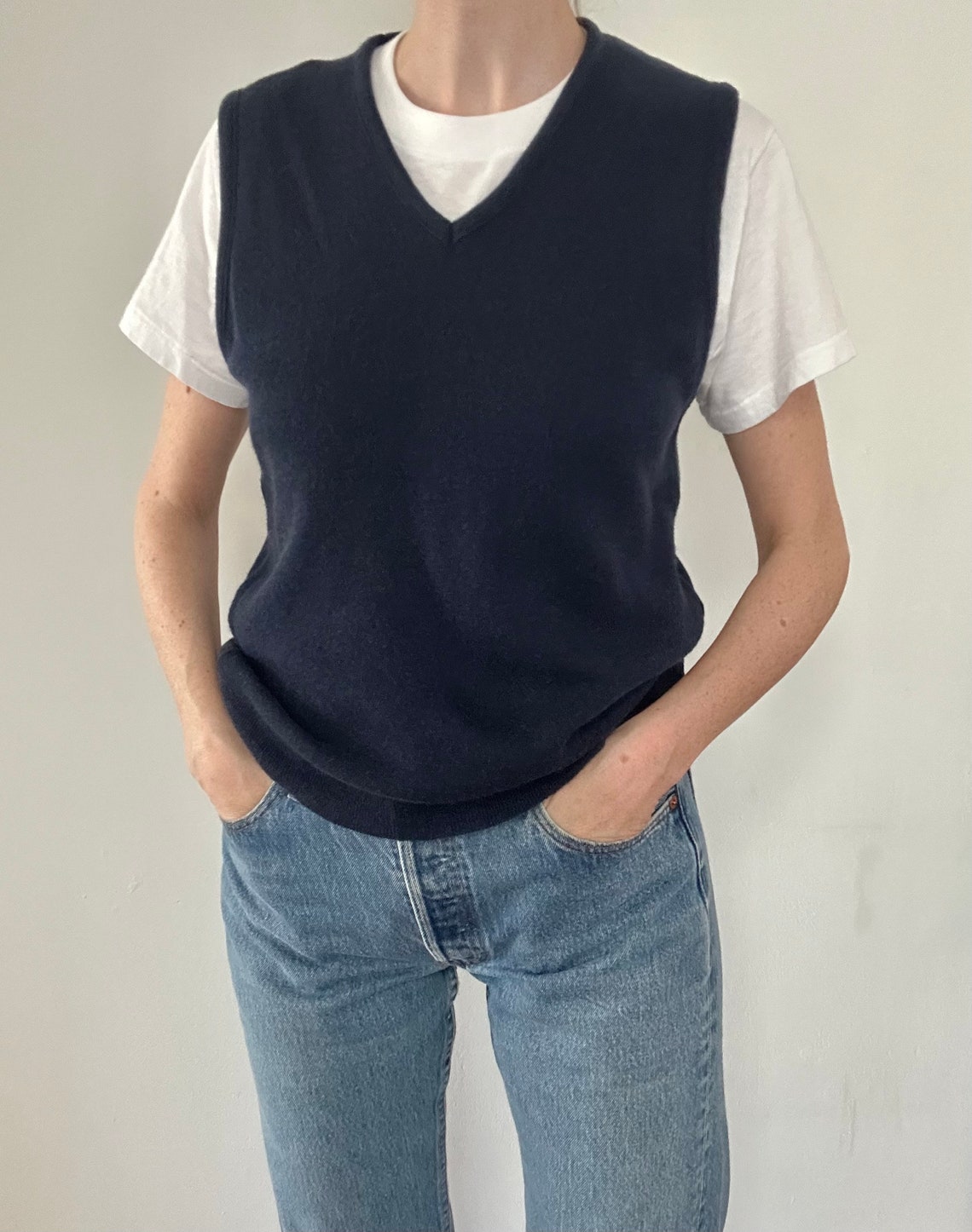 Vintage Wool Sweater Vest Soft Navy Blue V Neck Sleeveless Tank Top ...