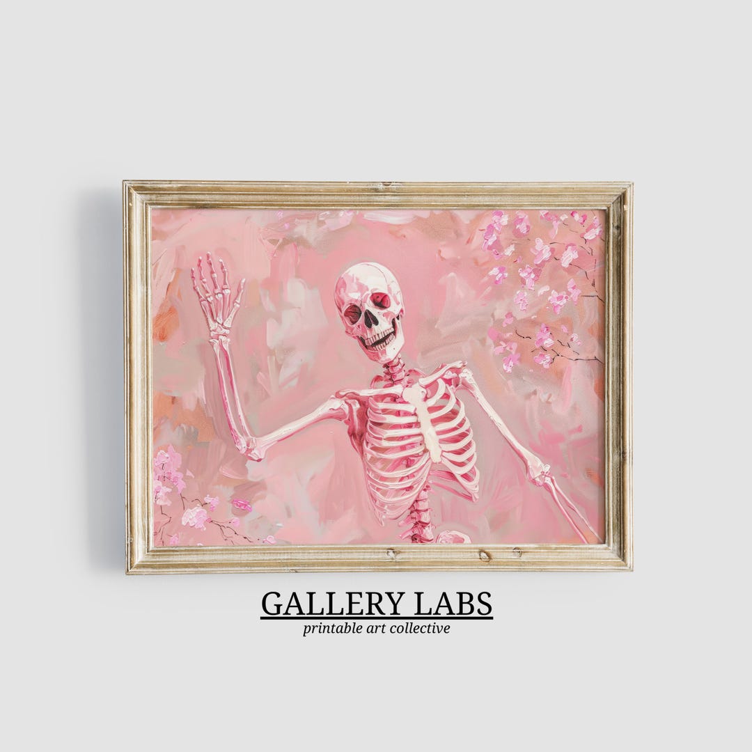 Pink Halloween Skeleton Art Print • Preppy Halloween Decor (digital ...