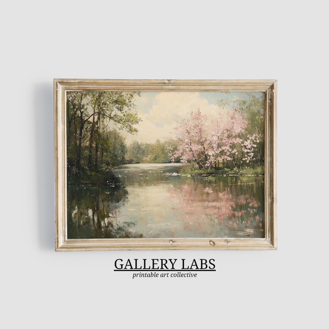 Vintage Lake Painting • Soft Pink Spring Landscape Print (digital Art ...