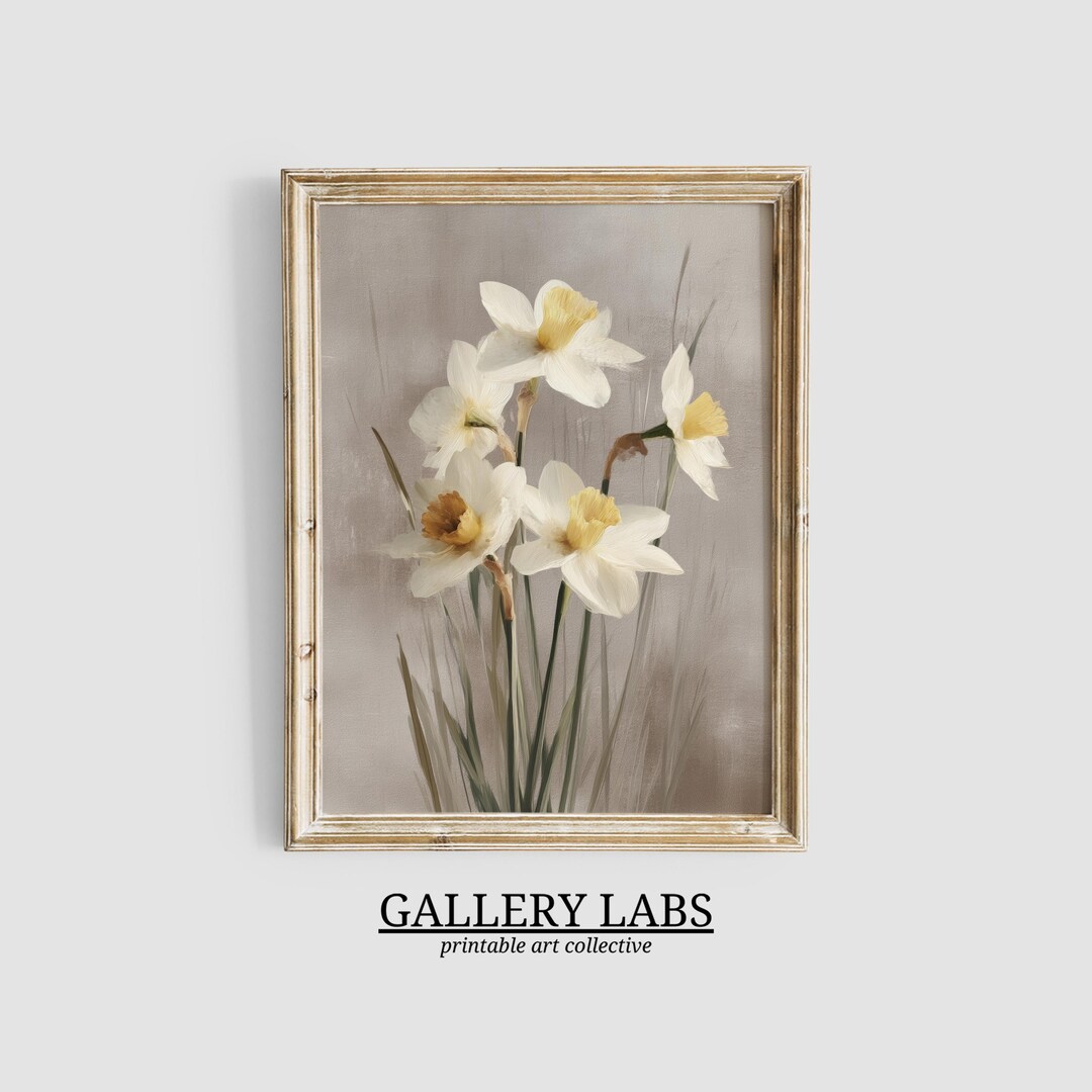 White Daffodil Still Life Painting • Vintage Spring Print (neutral Wall ...