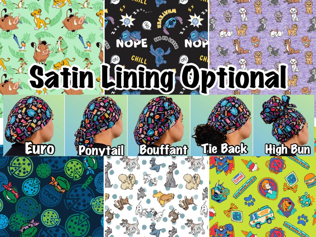 Cartoon Scrub Cap With Satin Lining, Ponytail, Euro, High Bun, Bouffant ...