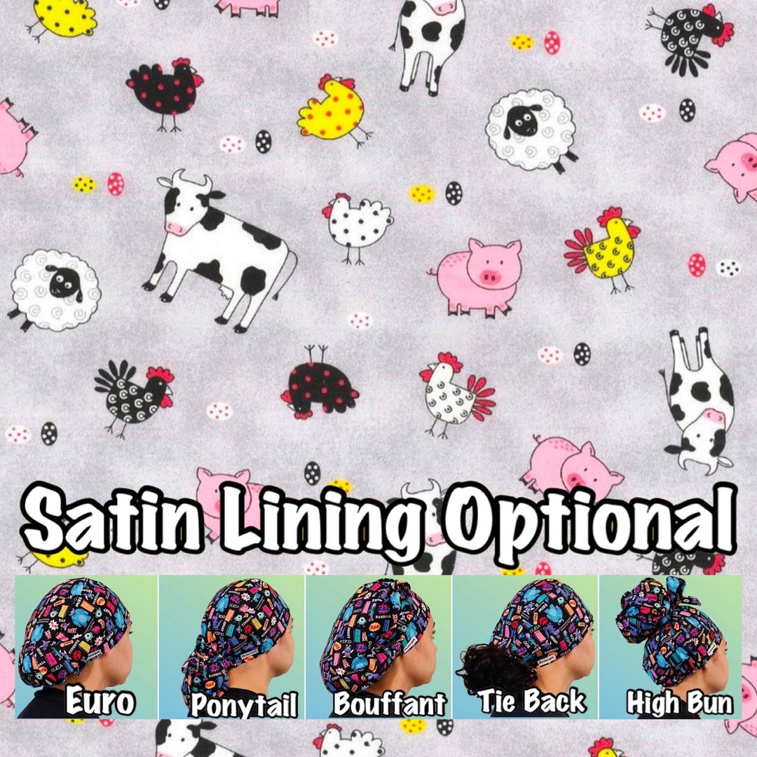 Farm. Animal Scrub Cap, Satin Lined Cow Chicken Pig Ponytail, Euro ...