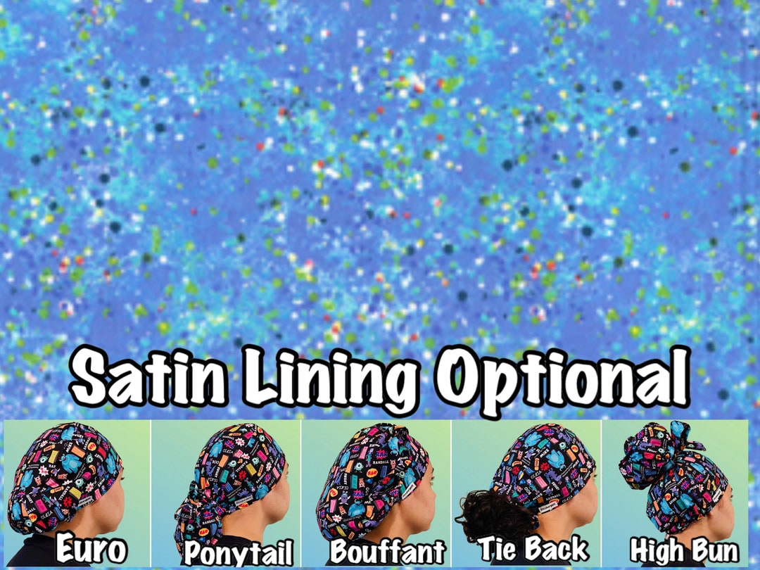 Blue Confetti Scrub Cap With Satin Lining, Ponytail, Euro, High Bun ...