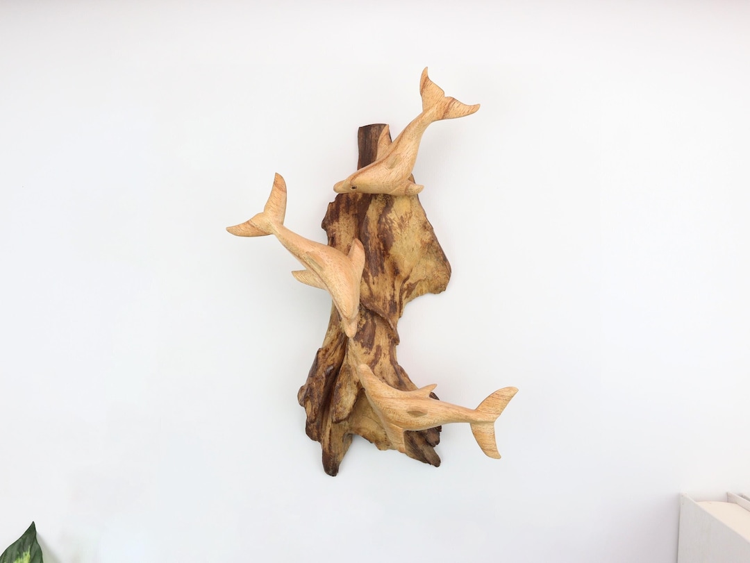 Hand Carved Wood Dolphin Wall Art, Wooden Dolphin Decor, Ocean Wall ...