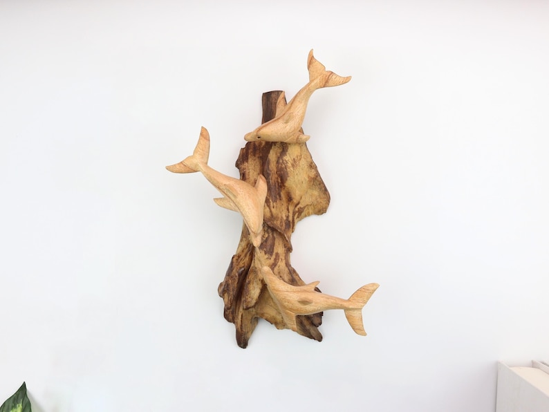 Hand Carved Wood Dolphin Wall Art, Wooden Dolphin Decor, Ocean Wall ...