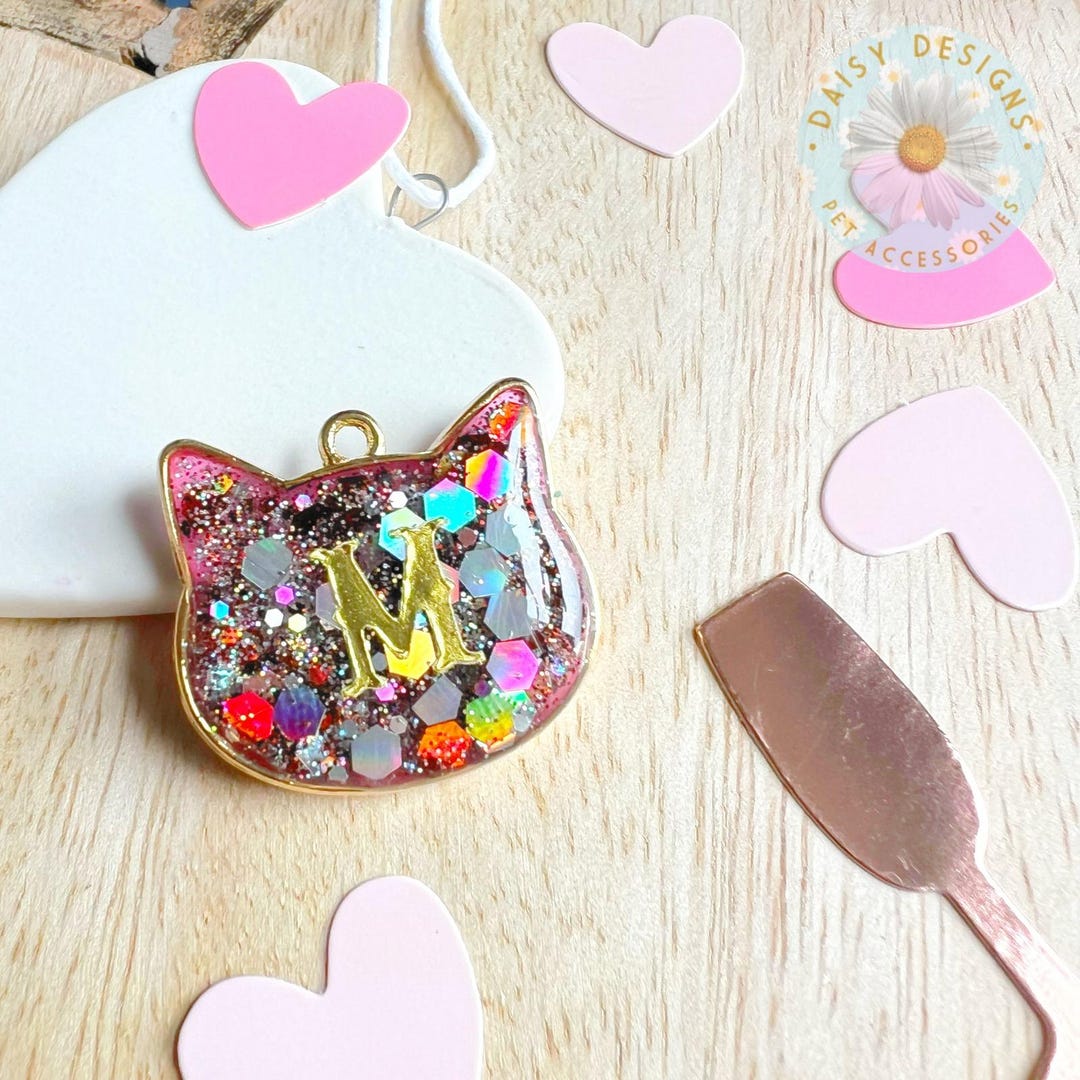 Personalized Cat Resin Glitter Kitty Pet ID Tag: Custom, Initial ...