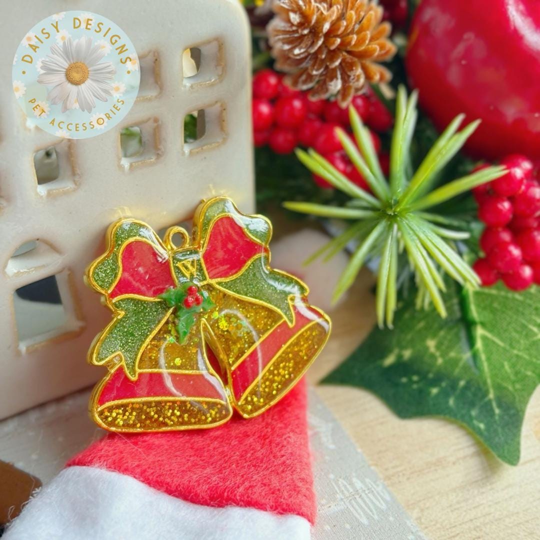 Winter Festive Christmas Bells Pet ID Tag: Custom, Glitter, Resin ...