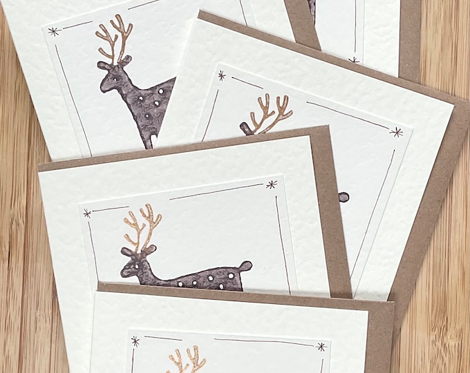 Set of Five Reindeer Christmas Cards/ Hand Printed / Brown and Gold ...