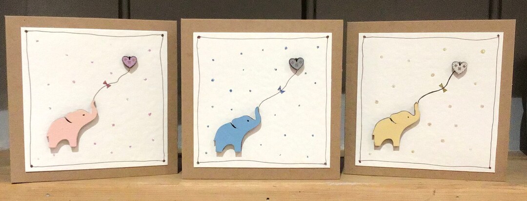 New Baby Card/ Little Elephant / Wooden Elephant and Heart/ Hand ...