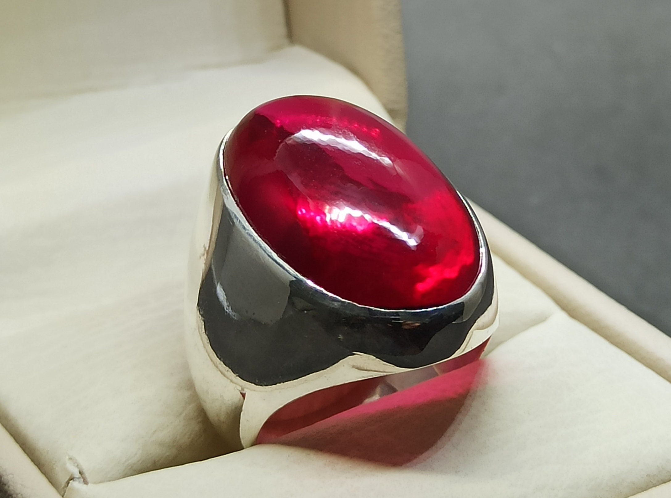 Cabochon Big Dark Deep Red Ruby Mens Plain Ring Sterling | Etsy