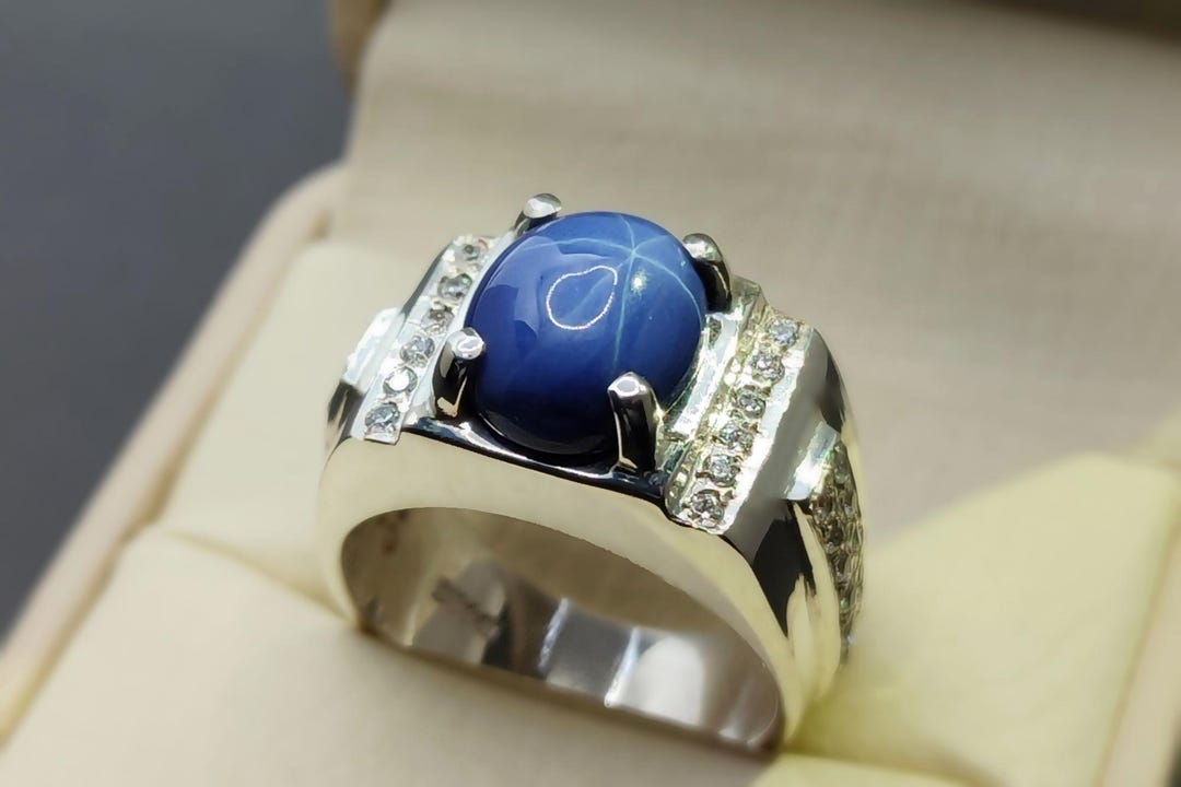 Handmade Sterling Silver Natural Blue Star Sapphire Ring - Elegant Mens ...