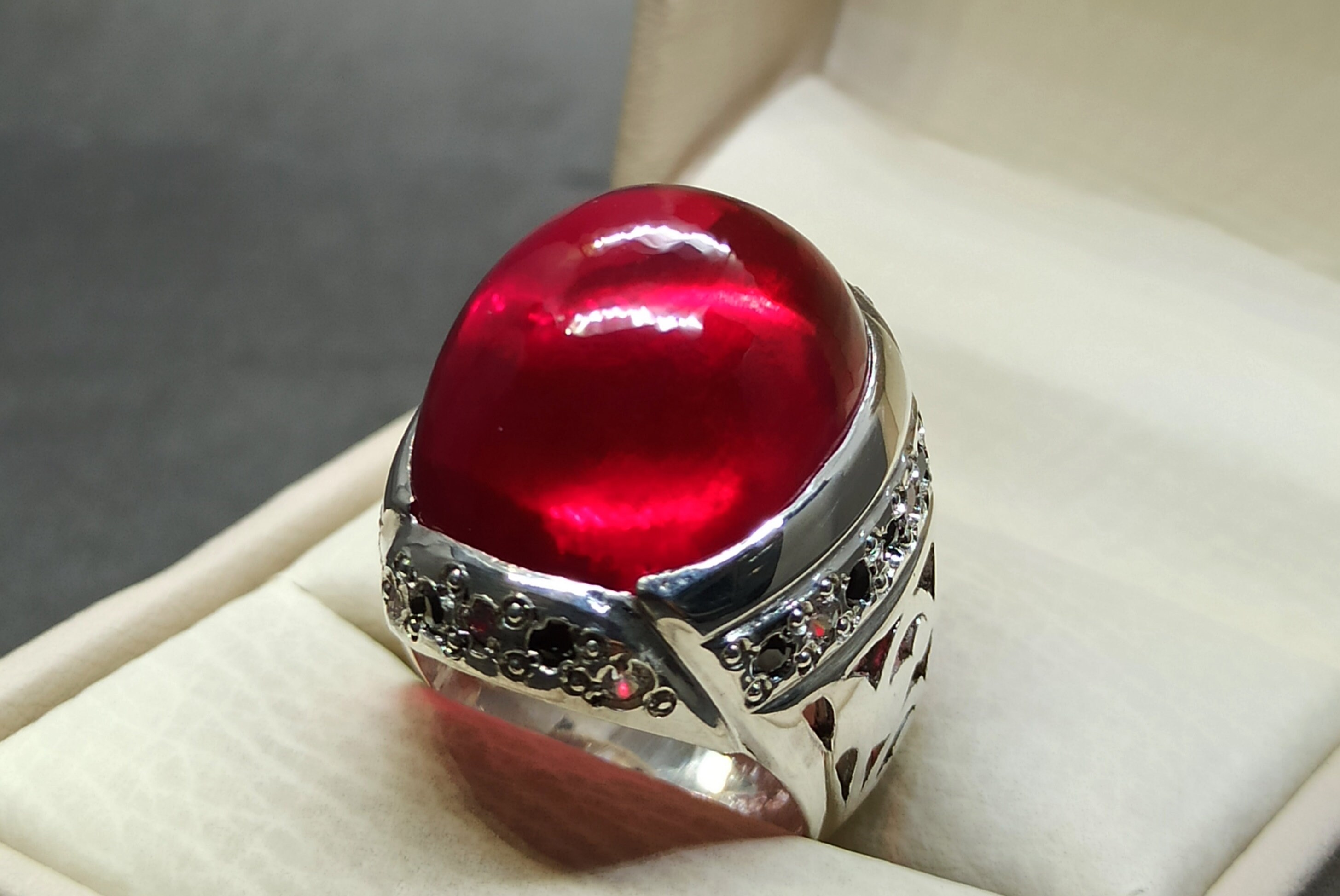 Big Cabochon Dark Red Ruby Lattice Ring: Sterling Silver & Gold Mens ...