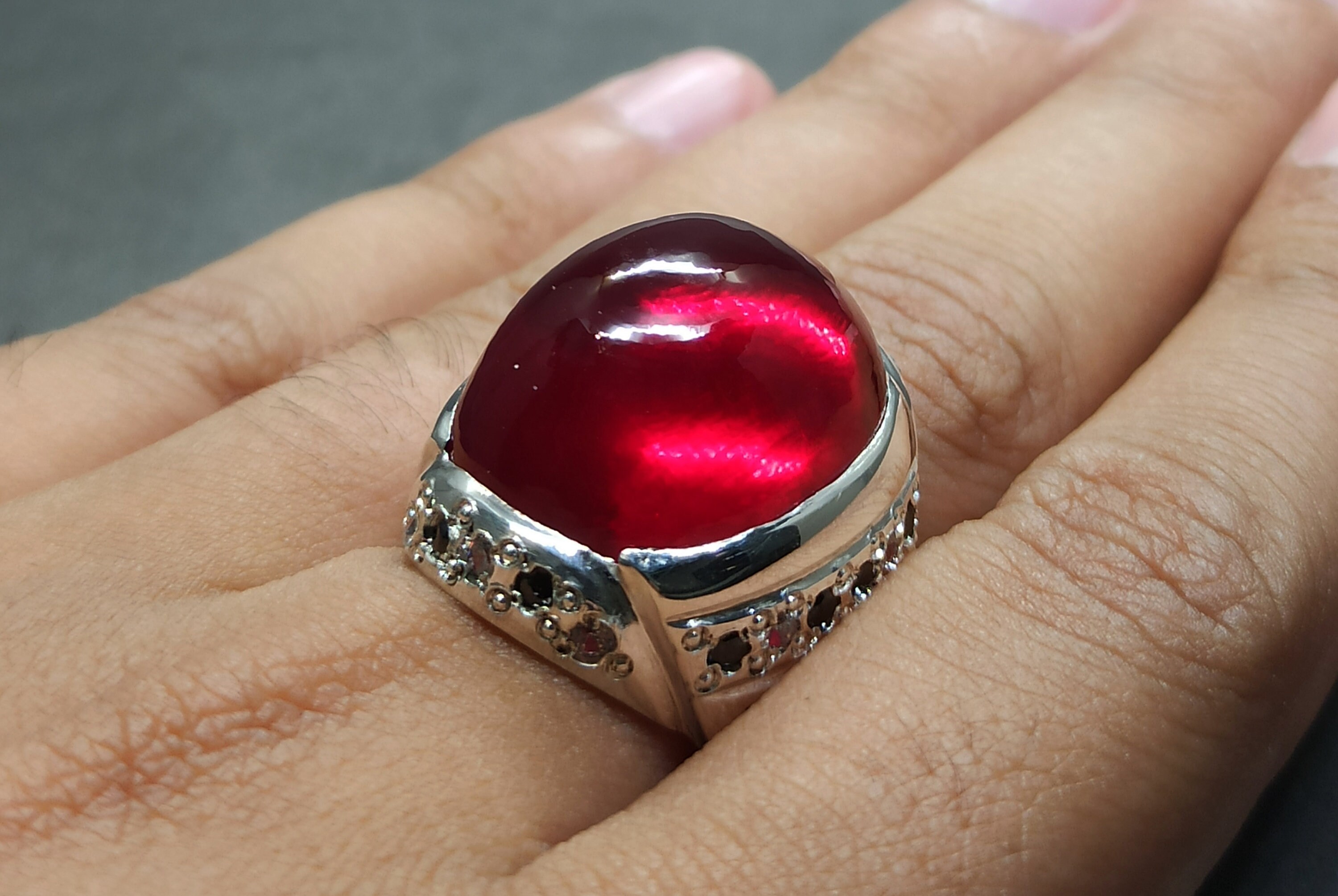 Big Cabochon Dark Red Ruby Lattice Ring: Sterling Silver & Gold Mens ...