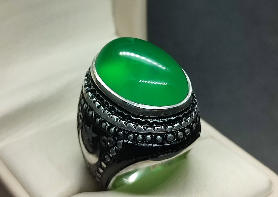 Rare Big Natural Yemeni Green Aqeeq Mens Islamic Ring Sterling Silver ...