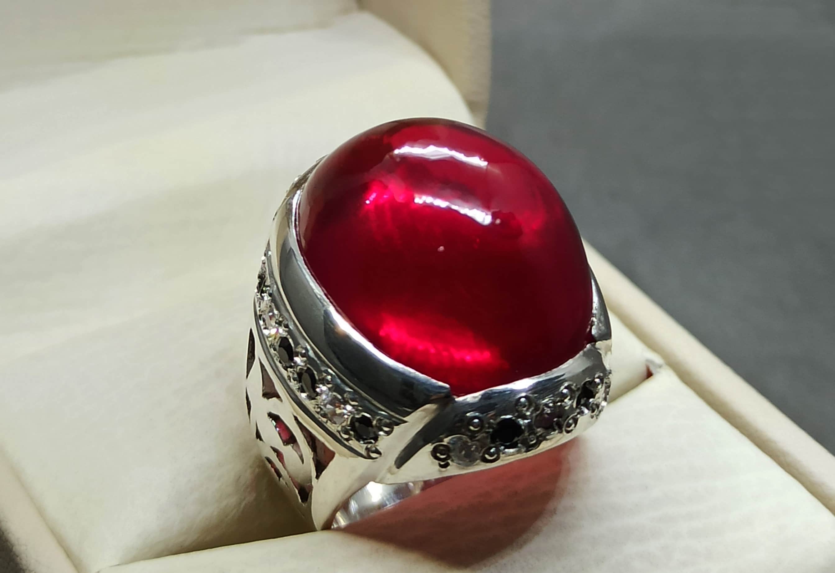 Big Cabochon Dark Red Ruby Lattice Ring: Sterling Silver & Gold Mens ...