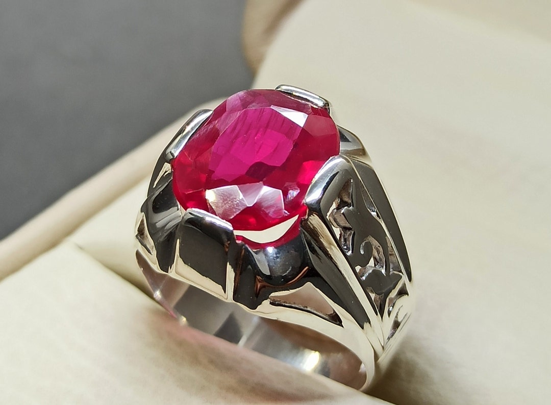 Oval Cut Deep Red Ruby Men’s Ring, Handmade Sterling Silver & Gold ...