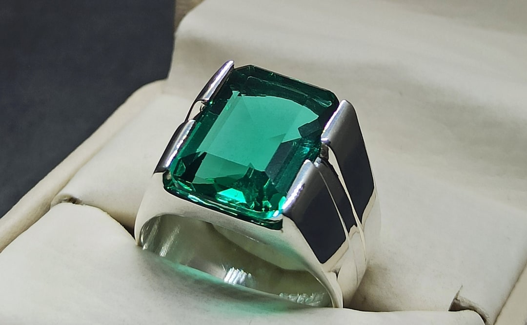 Emerald Cut Sterling Silver Men's Ring: Handmade Green Zamurd Gemstone ...