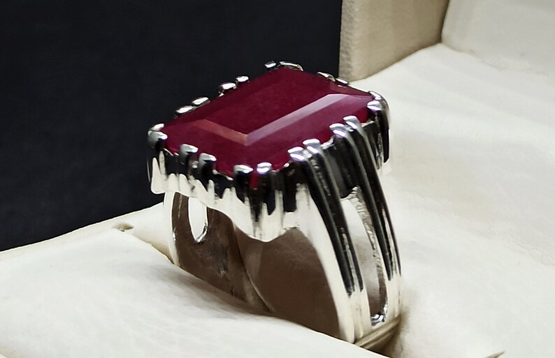 Emerald Cut Pigeon Red Ruby Mens Ring: Sterling Silver Handmade Yaqoot ...