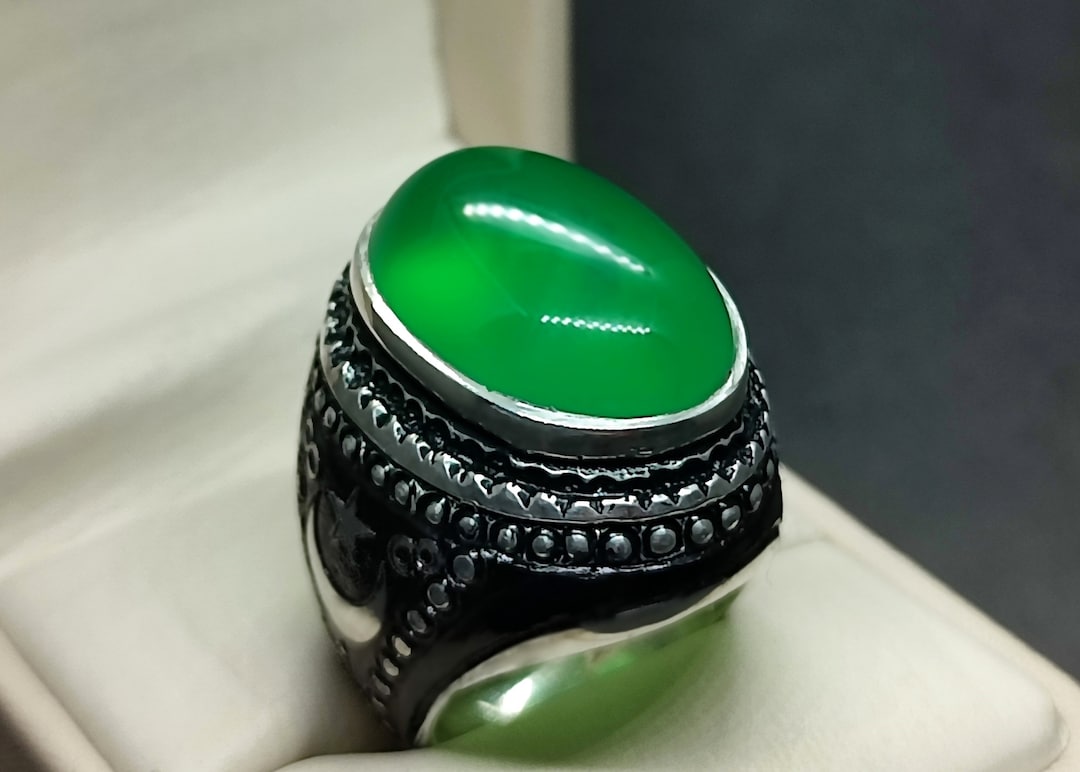 Rare Big Natural Yemeni Green Aqeeq Mens Islamic Ring Sterling Silver ...