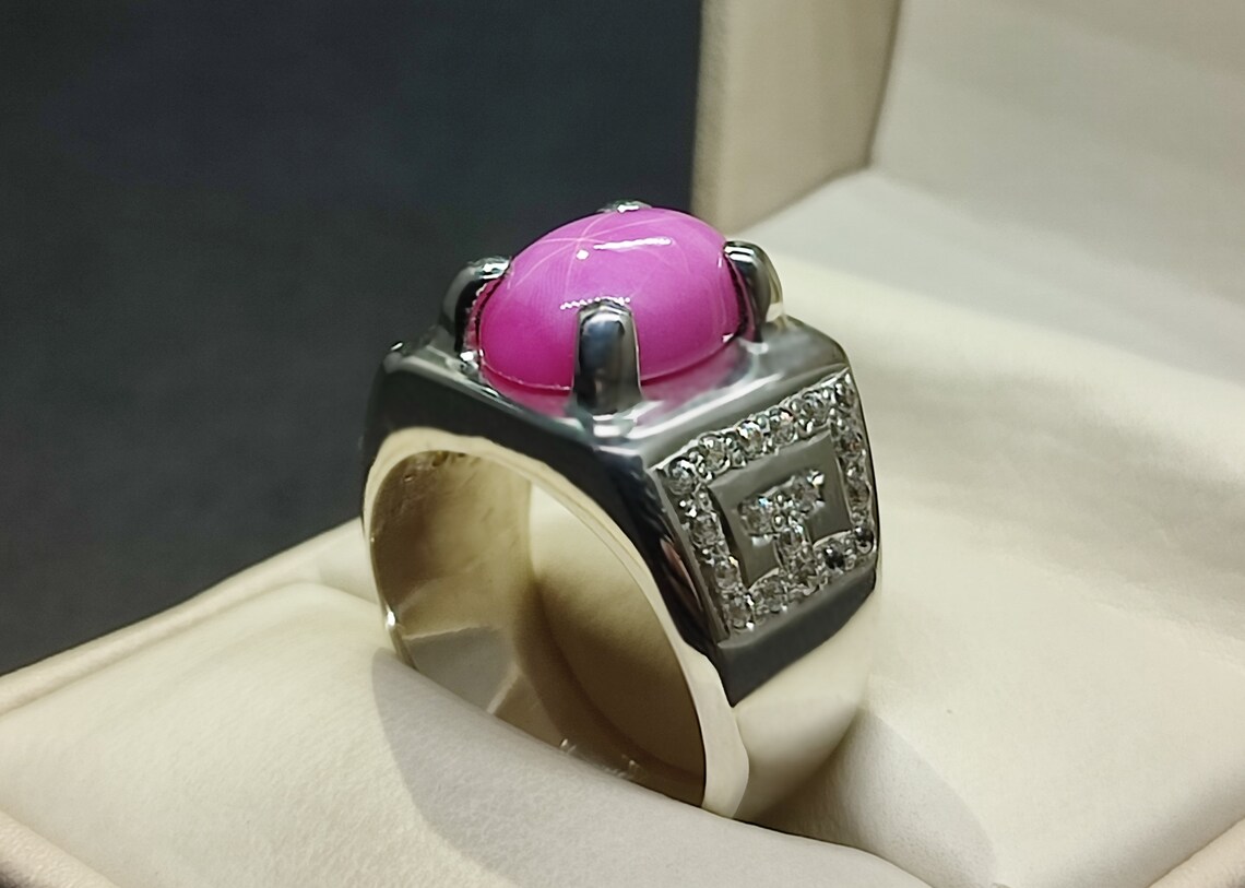 Natural 7 Carat Red Ruby Star Mens Ring: Handmade Sterling Silver 925 ...