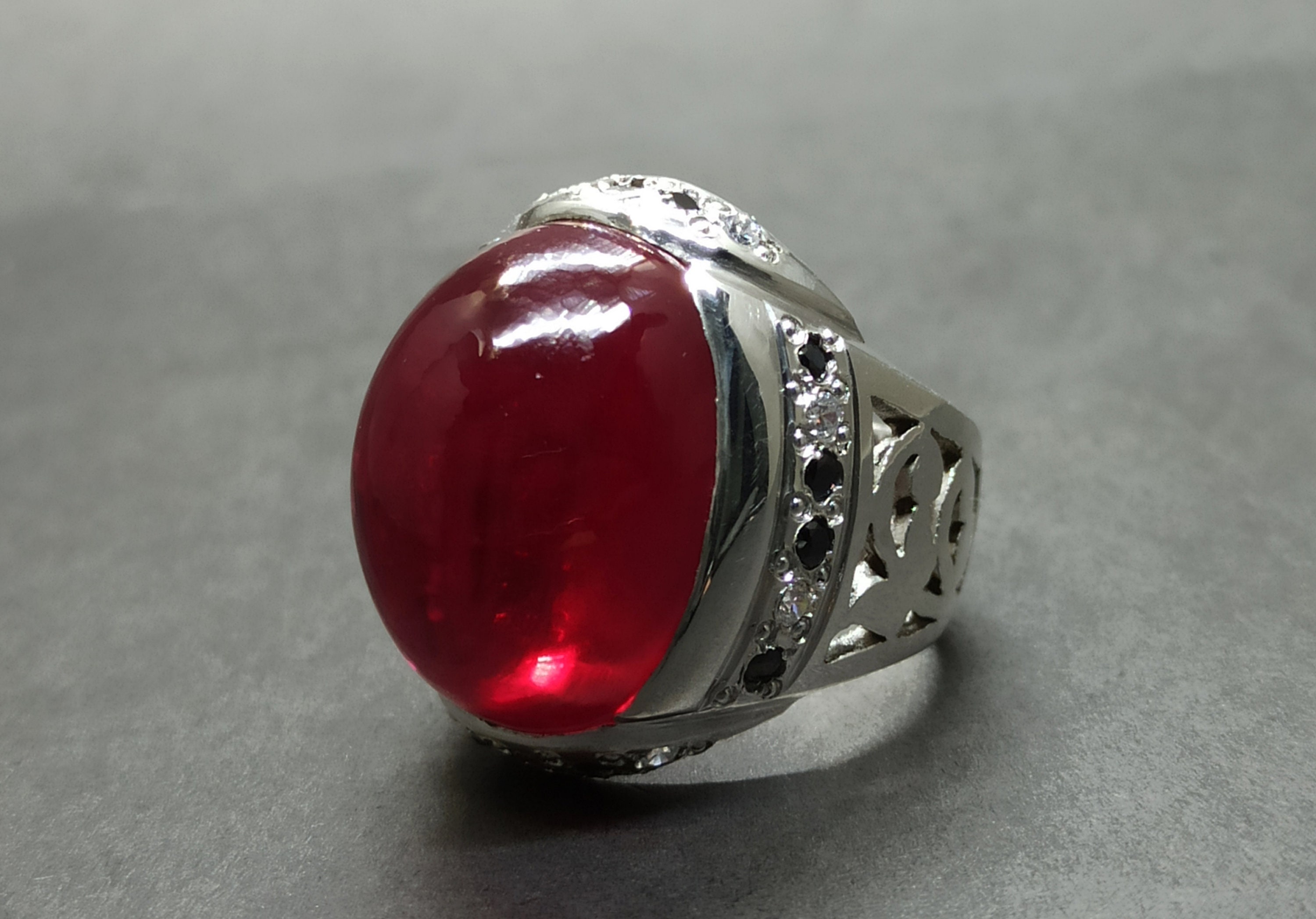 Big Cabochon Dark Red Ruby Lattice Ring: Sterling Silver & Gold Mens ...