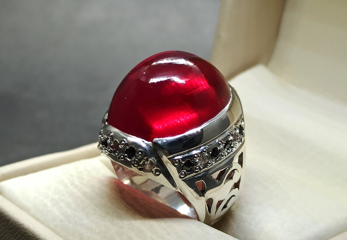 Big Cabochon Dark Red Ruby Lattice Ring: Sterling Silver & Gold Mens ...