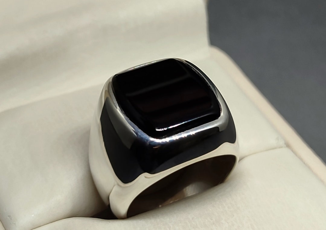 Natural Square Shape Black Agate Mens Plain Ring Sterling Silver 925 ...