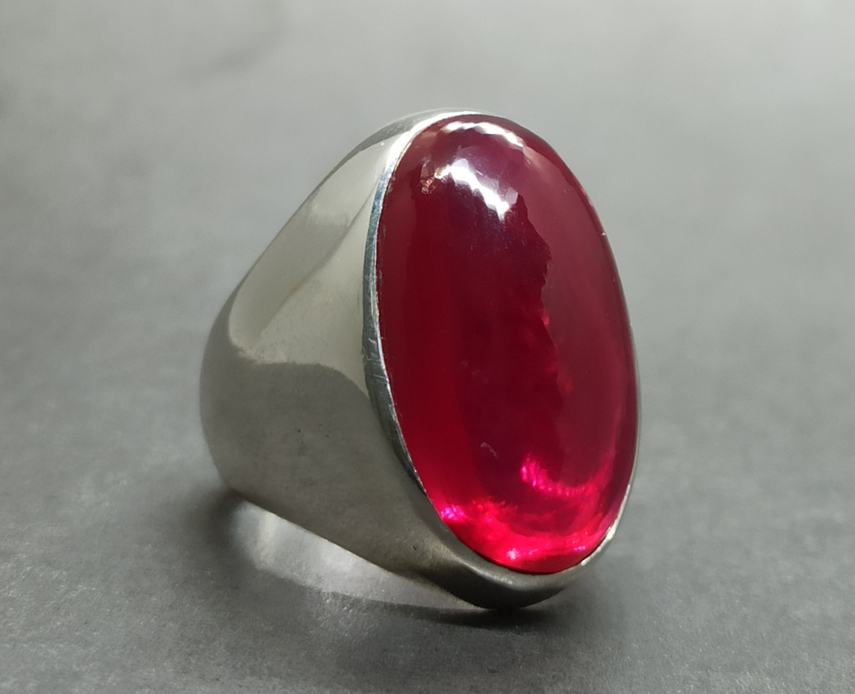 Cabochon Big Dark Deep Red Ruby Mens Plain Ring Sterling | Etsy