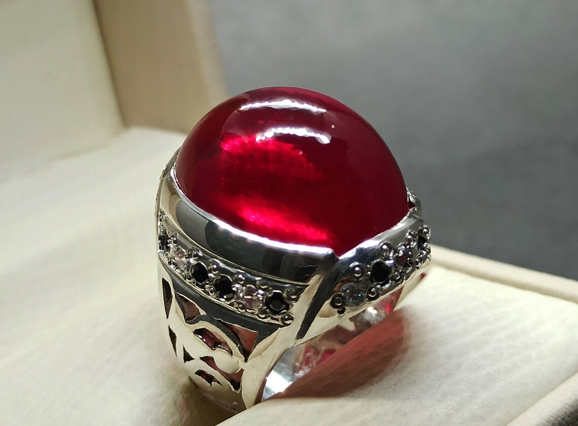 Big Cabochon Dark Red Ruby Lattice Ring: Sterling Silver & Gold Mens ...