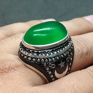 Rare Big Natural Yemeni Green Aqeeq Mens Islamic Ring Sterling Silver ...