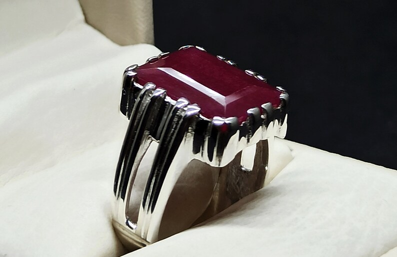 Emerald Cut Pigeon Red Ruby Mens Ring: Sterling Silver Handmade Yaqoot ...