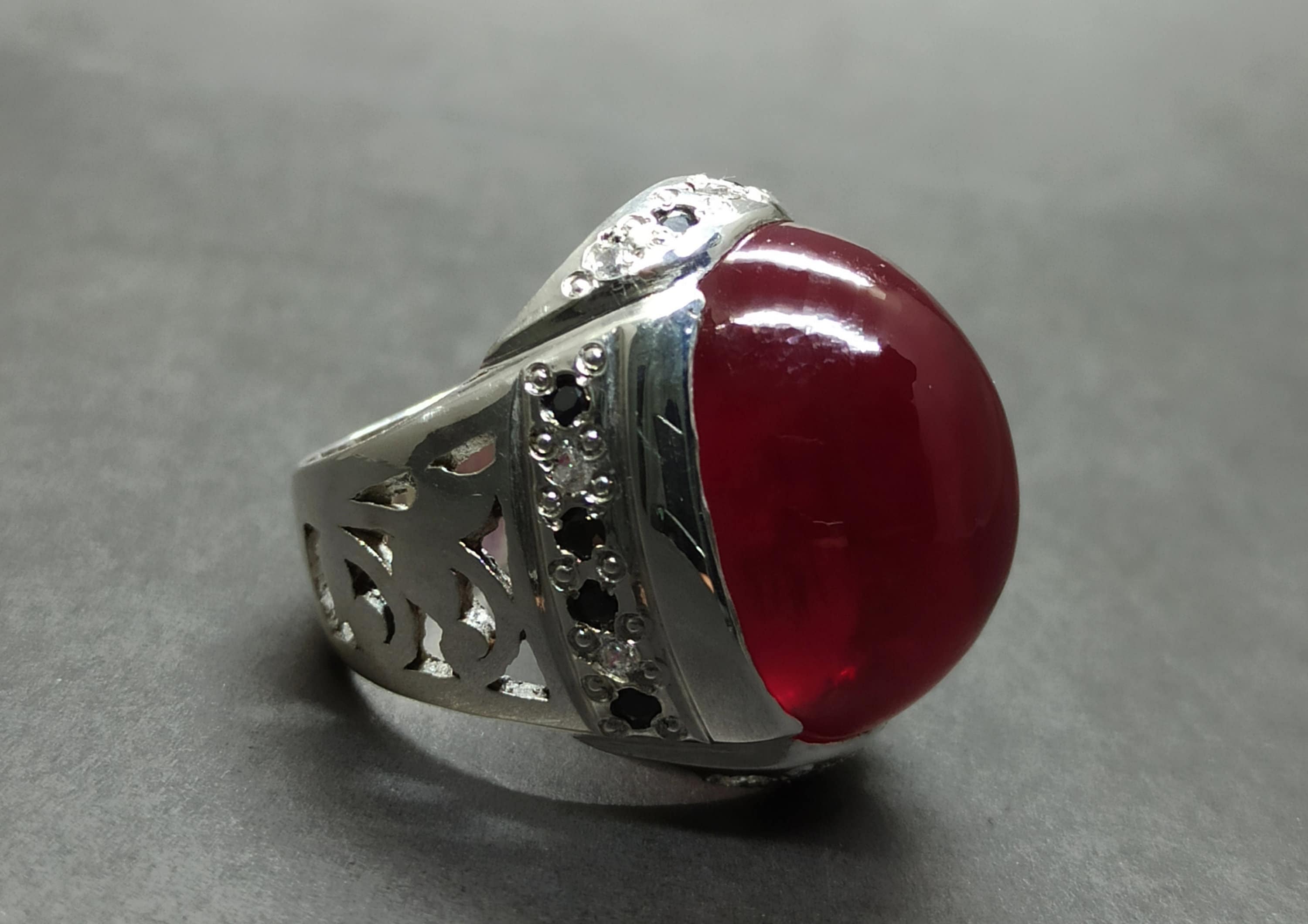 Big Cabochon Dark Red Ruby Lattice Ring: Sterling Silver & Gold Mens ...