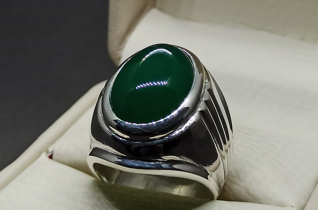 Cabochon Natural Yemeni Deep Green Agate Mens Ring Sterling Silver 925 ...