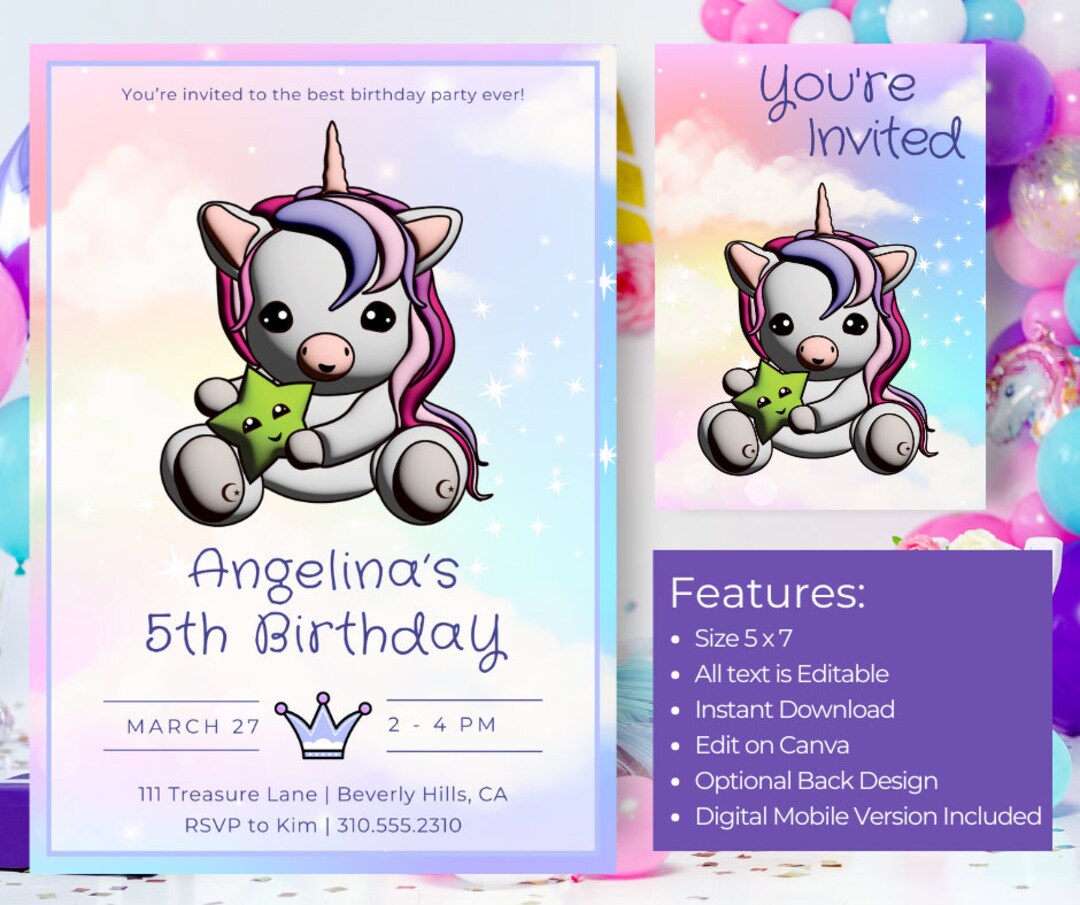 Unicorns & Rainbows Birthday Invite Instant Download Editable How to ...
