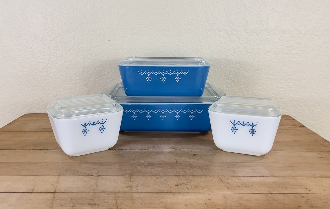 Pyrex Snowflake Blue Garland Refrigerator Set, Complete 8 Piece Set; 4 ...