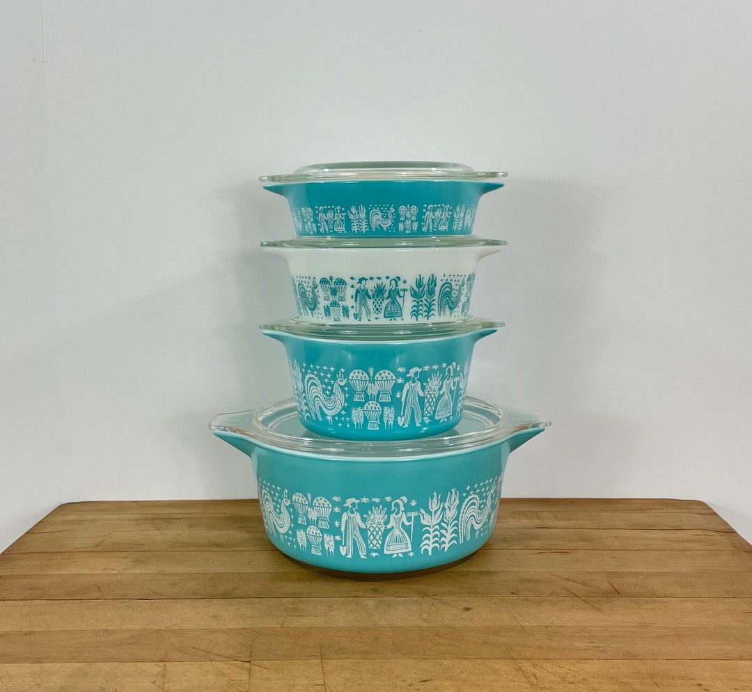 Pyrex White and Turquoise Butterprint Bake-serve-store Casserole Dishes ...