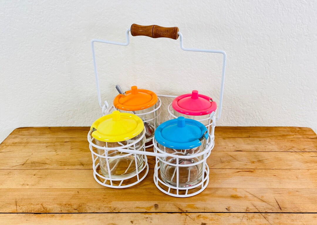 Condiment / Relish Jar Set With Plastic Lids in Wire Condiment Caddy ...