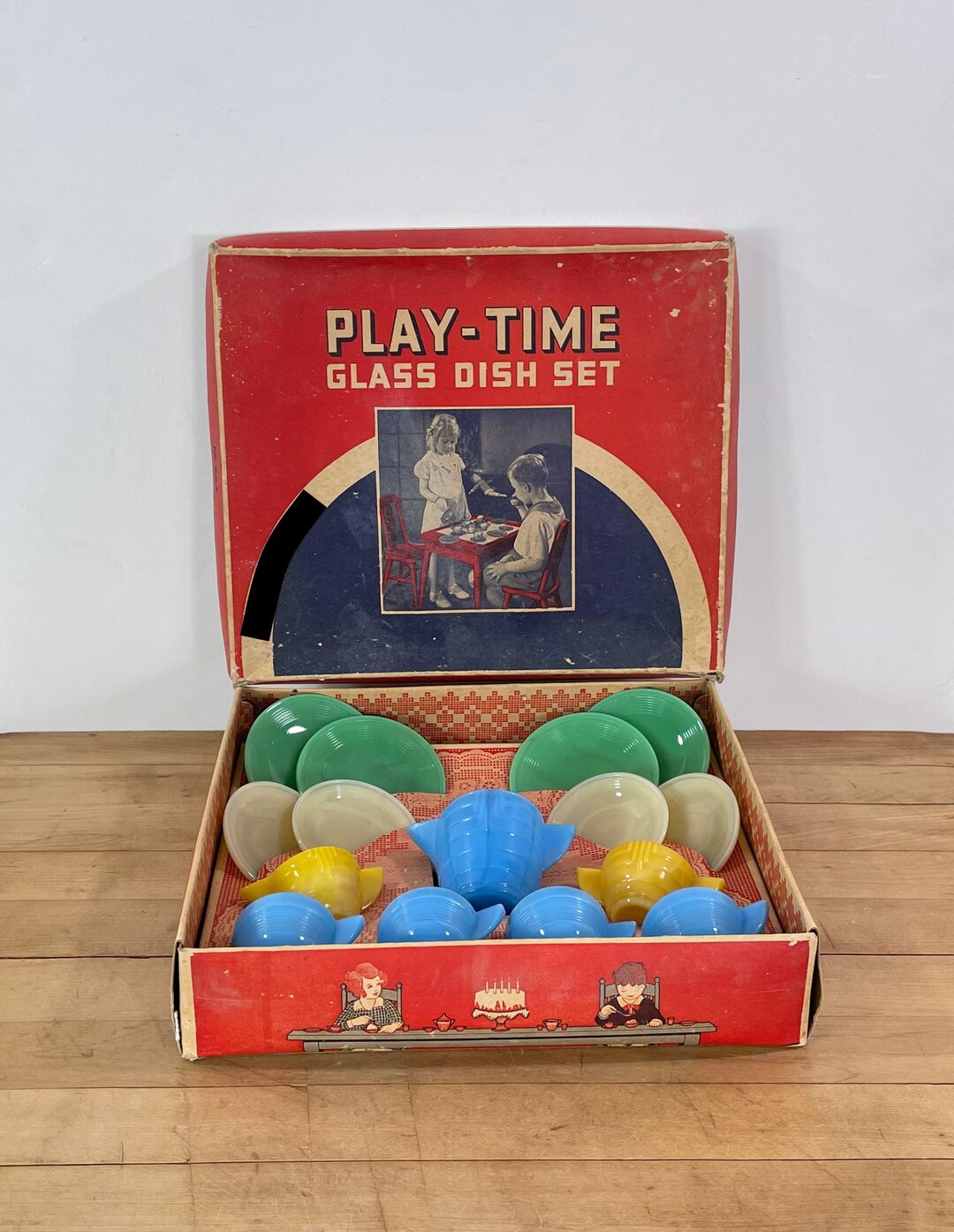 Akro Kids Glass Tea Set No 234, Green, Ivory, Yellow and Blue Children ...