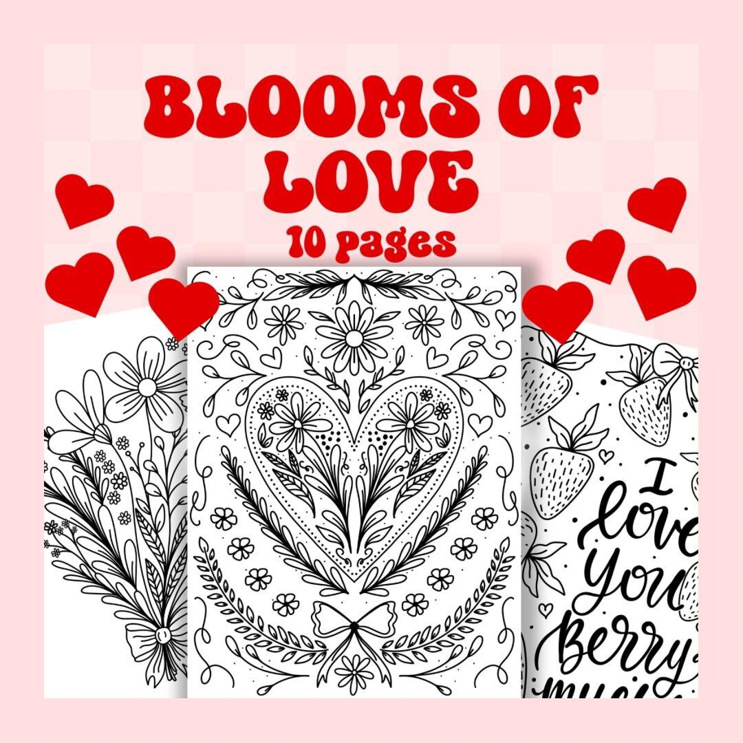 Blooms of Love Digital Coloring Book, Valentines Coloring Pages, Cute ...