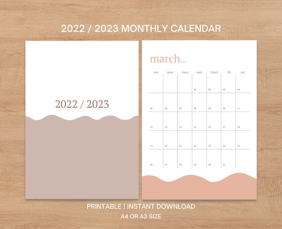 2022/2023 Printable Monthly Calendar A4/A3 Portrait Boho | Etsy
