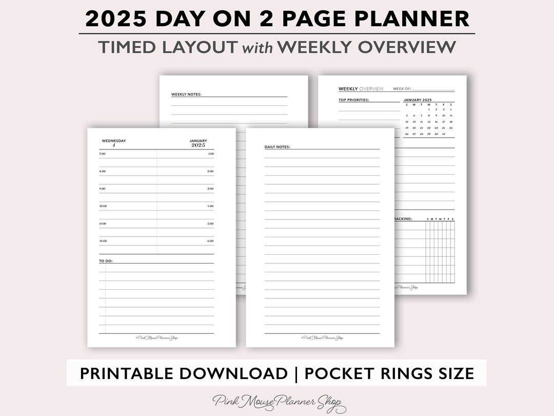 2025 Two Page Daily Planner Printable W/ Weekly Overview, Hourly Timed ...