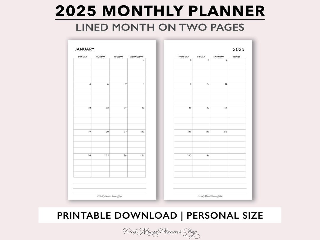 2025 Lined Monthly Printable Planner Inserts, Month on 2 Pages Calendar ...