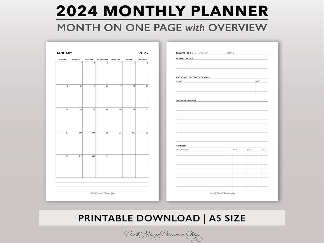 2024 Monthly Printable Planner Inserts, Month on One Page With Overview ...